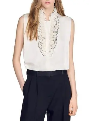 Sandro Ruffled Lace Trim Sleeveless Shirt - Ecru