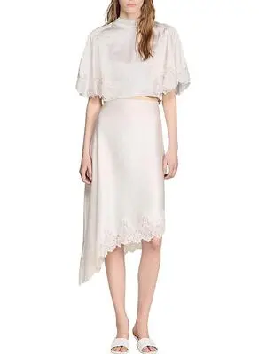 Sandro Asymmetric Satin Skirt With Lace Trim - Ecru