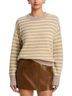 Aqua Cashmere Brushed Stripe Crewneck Sweater - Wheat Multi