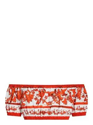 Dolce & Gabbana DOLCE & GABBANA Maiolica Print Off-the-Shoulder Cotton Poplin Top Multicolor