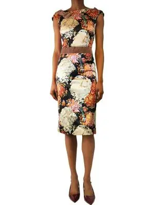 DOLCE & GABBANA Dolce & Gabbana Floral Print Velvet Trim Midi Dress