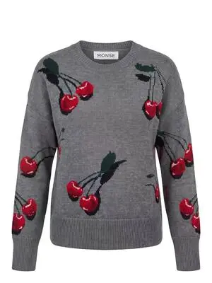 Monse Cherry Intarsia Sequin Embellishment Sweater - Grey