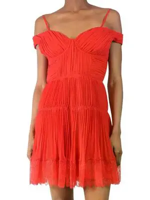 SELF-PORTRAIT Self-Portrait Red Pleated Lace-Trim Sweetheart Neck Mini Dress