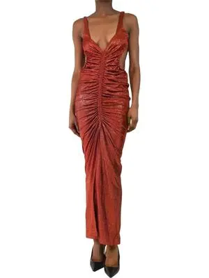 Galvan Ruched Glittered V-neck Dress - Red