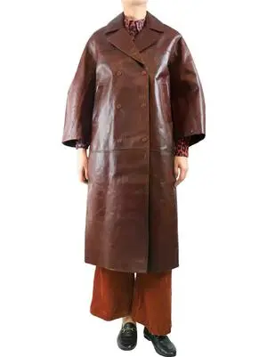 GANNI Oversized Double-breasted Leather Coat - Brown