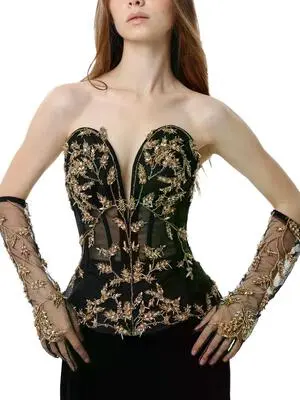 DINA MELWANI Embroidered Corset Maxi Dress - Black