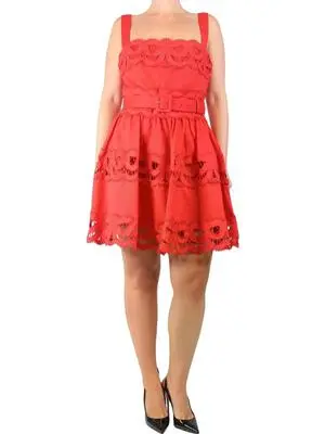 SELF-PORTRAIT Embroidered Belted Mini Dress - Red