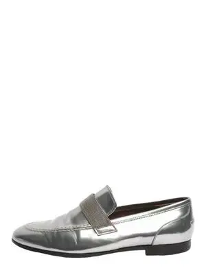 Brunello Cucinelli Metallic-effect Leather Loafers With Chain Strap - Silver