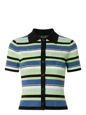 TOCCIN Shae Striped Ribbed-Knit Polo Shirt