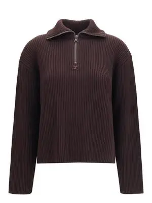 COURREGES Ribbed Merino Wool Zip Sweater - Brown
