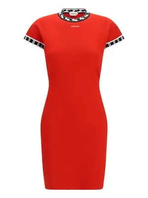 Versace Cotton Knit Mini Dress With Geometric Jacquard Trim - Red