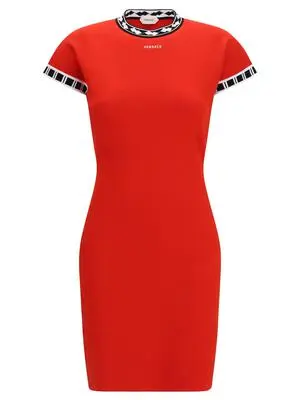 Versace Cotton Knit Mini Dress With Geometric Jacquard Trim - Red