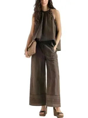 Brunello Cucinelli Techno Cotton Poplin Broderie Anglaise Top With Monili - Brown