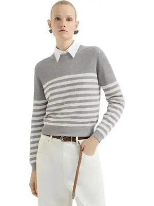 Brunello Cucinelli Cotton Sparkling Yarn Striped Sweater - Silver