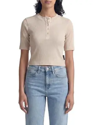 Brooklyn Industries Ribbed Henley Top With Elbow Sleeves - Sandshell