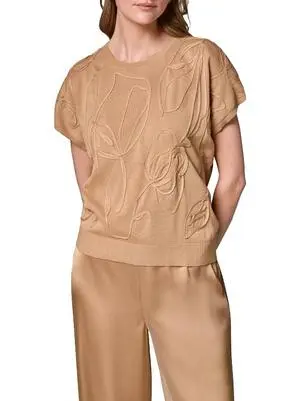 Donna Karan New York Embroidered Short Sleeve Sweater - Fawn