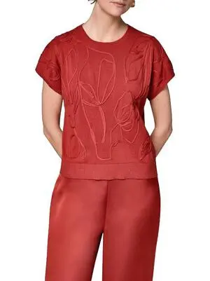 Donna Karan New York Embroidered Short Sleeve Sweater - Sunbaked