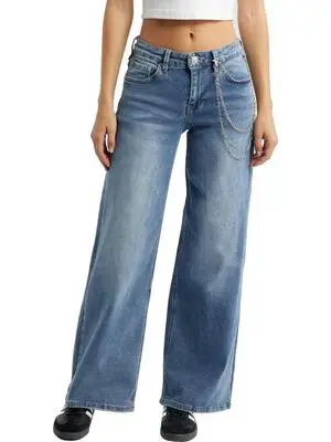 YMI Chain Detail High Waist Wide Leg Jeans - Medium Blue