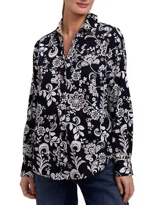 Foxcroft Margie Daisy Cotton Button-up Shirt - Black/multi