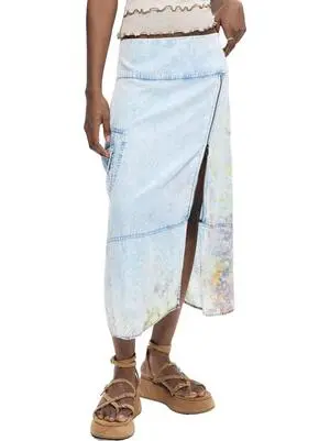 Desigual Graphic Print Straight Midi Denim Skirt - Light Blue