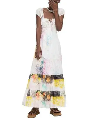Desigual Tiered Cotton Maxi Dress - Ivory Multi