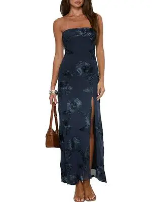Princess Polly Maribeth Strapless Maxi Gown With Floral Appliqués And Side Slit - Navy