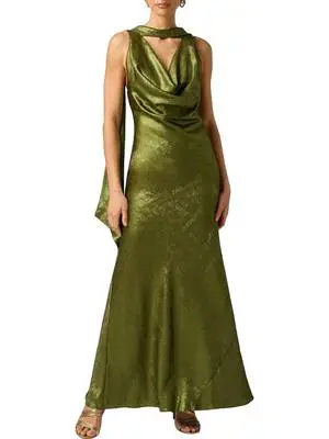 Adrianna Papell Sleeveless Gown With Cowl Neck And Draped Back - Dark Olive