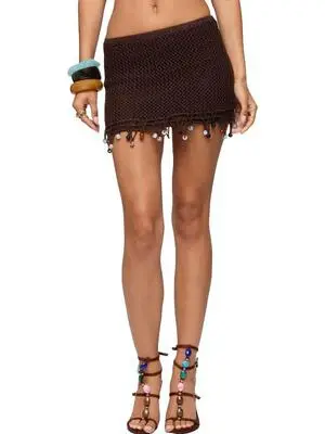 EDIKTED Bead Fringe Knit Miniskirt - Brown