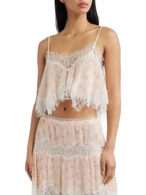 LoveShackFancy Elysia Cropped Silk Top With Eyelash Lace Trim - Sweet Nectar