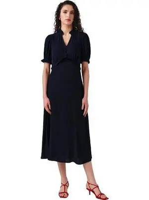 GHOST LONDON Jolene V-neck Frill Collar Midi Dress - Navy