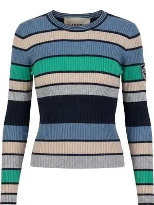 HASHTAG Multi Stripe Embroidered Sleeve Lightweight Knit Sweater - Navy/multi