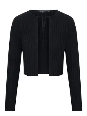 MIUMAX Cropped Tie Front Open Knit Cardigan - Black