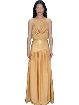 ATOIR Draped Cowl Halter Neck Maxi Dress With Leather Paneling - Golden Sands