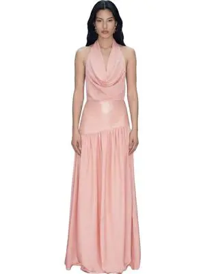 ATOIR Draped Cowl Halter Neck Maxi Dress With Leather Paneling - Pastel Pink