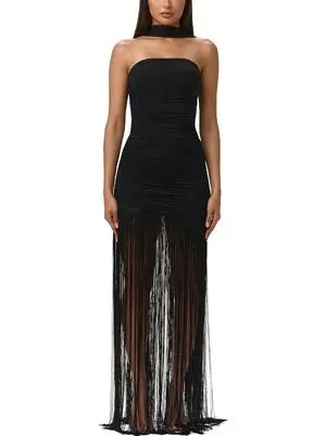 Naked Wardrobe Fringe Hem Ruched Strapless Maxi Dress - Black