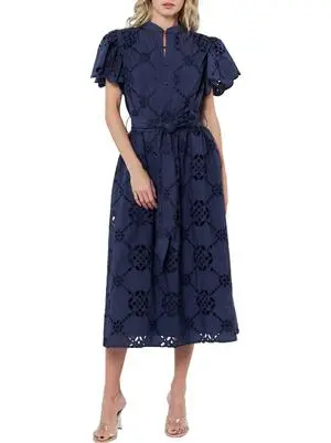 CIEBON Willa Eyelet Lace Midi Shirtdress - Navy