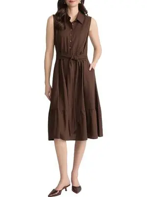 Jones New York Sleeveless Collared Midi Dress With Tie Waist - Fudge