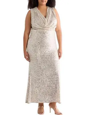 Eliza J Sleeveless Sequined Gown With Draped Neck - Silver