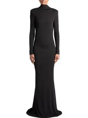 TOM FORD Long Sleeve Draped Open Back Crepe Jersey Gown - Black