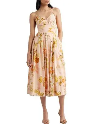 Julia Jordan Floral Linen Blend Midi Dress - Blush Multi