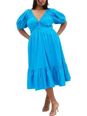 City Chic Grace Puff Sleeve Midi Dress - Azure