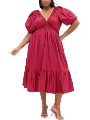 City Chic Grace Puff Sleeve Midi Dress - Raspberry