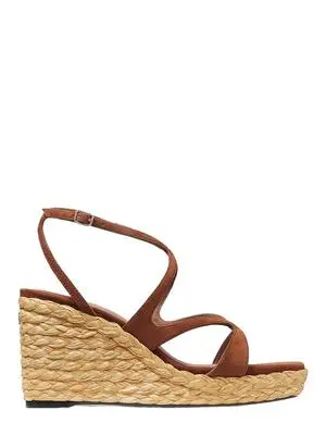 JIMMY CHOO Suede Raffia Wedge Sandals - Brown