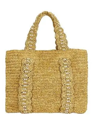 BTB LOS ANGELES Pearl Embellished Woven Tote Bag - Tan