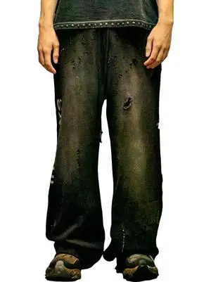 SATOSHI NAKAMOTO Luke Distressed-effect Wide-leg Track Pants - Black
