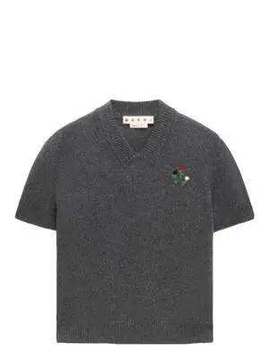 Marni Short-sleeve Embroidered V-neck Jumper - Grey