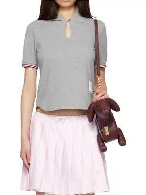 Thom Browne Keyhole Piqué Polo Shirt With Rwb Ribbon Trim - Light Gray