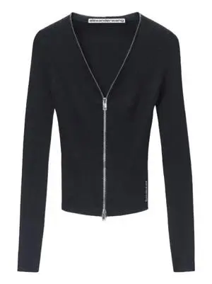 Alexander Wang V-neck Long Sleeve Pointelle Zip Cardigan - Black