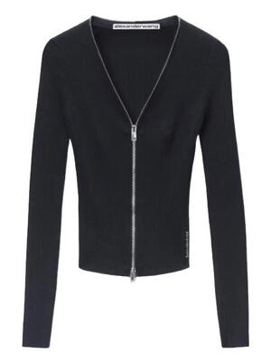 Alexander Wang V-neck Long Sleeve Pointelle Zip Cardigan - Black
