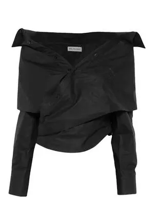 Balenciaga Off-shoulder Wrap Blouse With Buttoned Cuffs And Rear Tie - Blue